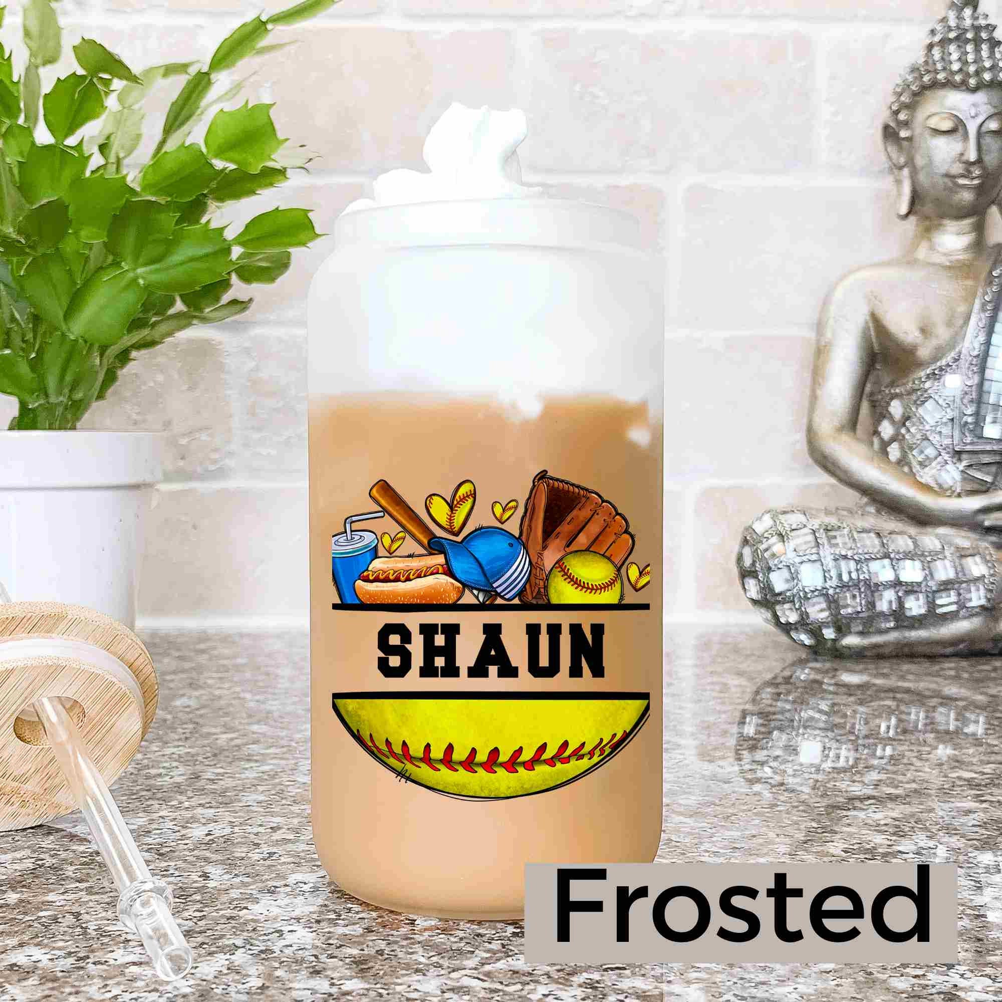 Personalized Softball Glass Tumbler With Bamboo Lid and Straw, Custom ...