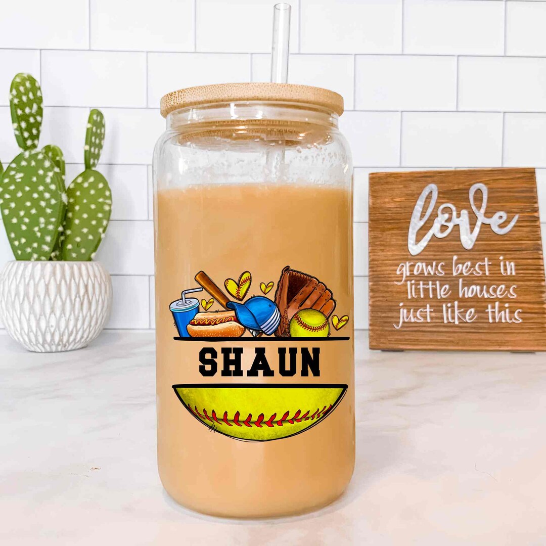 Personalized Softball Glass Tumbler With Bamboo Lid and Straw, Custom ...