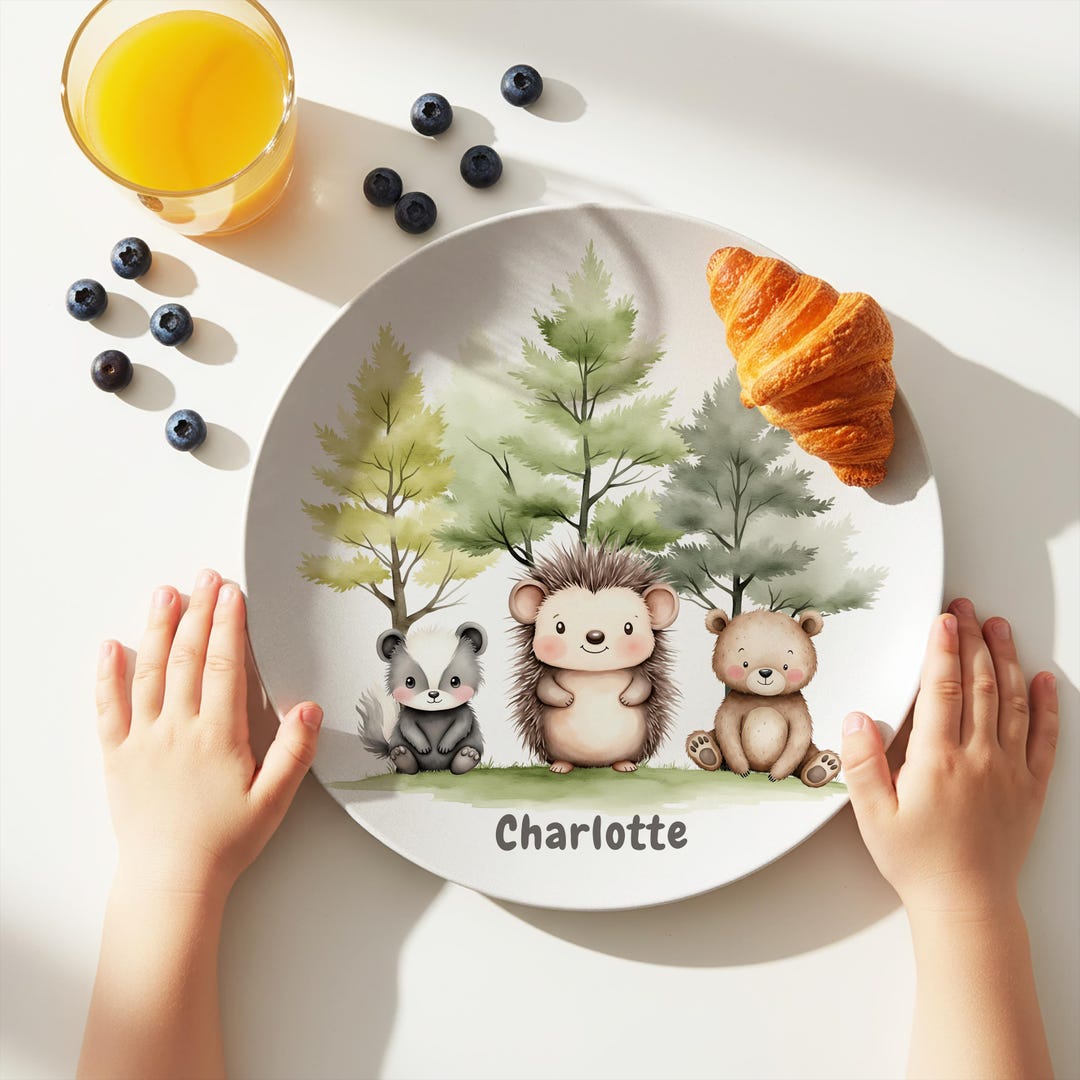 Personalized Kids Woodland Animals Dinnerware Set, Custom Name Platter ...