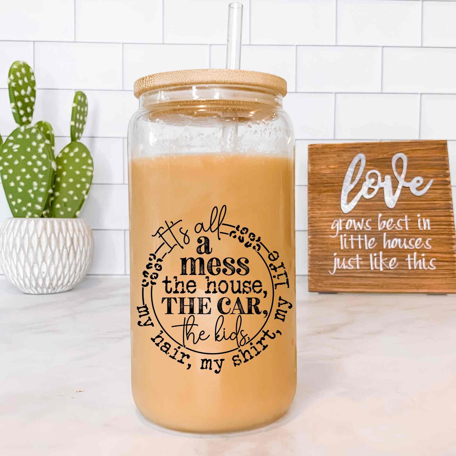 It's All a Mess Glass Tumbler With Bamboo Lid and Straw, Gift for Mom ...