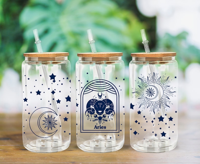 Zodiac Sign Glass Can, Iced Coffee Cup, Astrology, 16oz Glass Tumbler ...