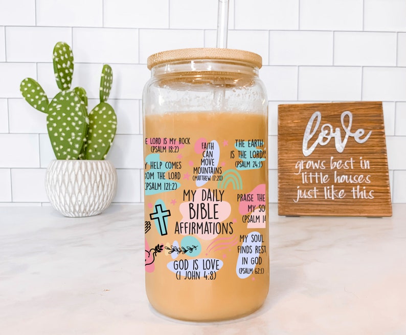 Bible Verse Glass Tumbler With Bamboo Lid and Straw, Christian ...