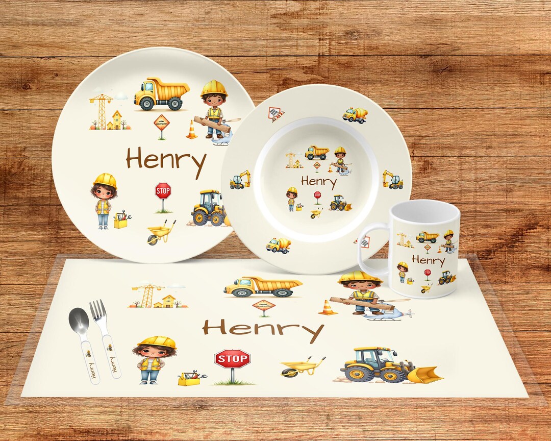 Personalized Construction Kids Dinnerware Set, Custom Building Truck ...
