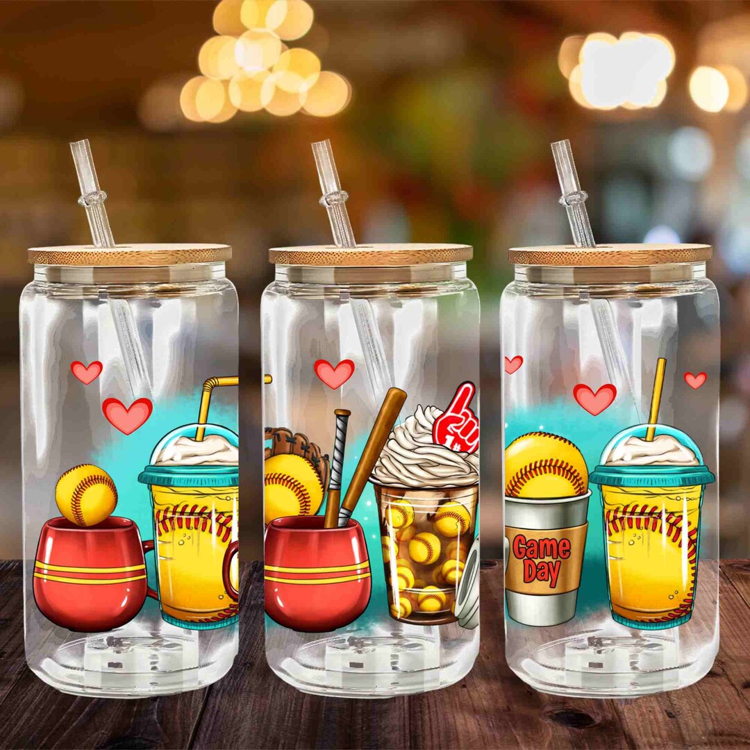 Softball Glass Tumbler With Bamboo Lid and Straw, Gift for Softball ...