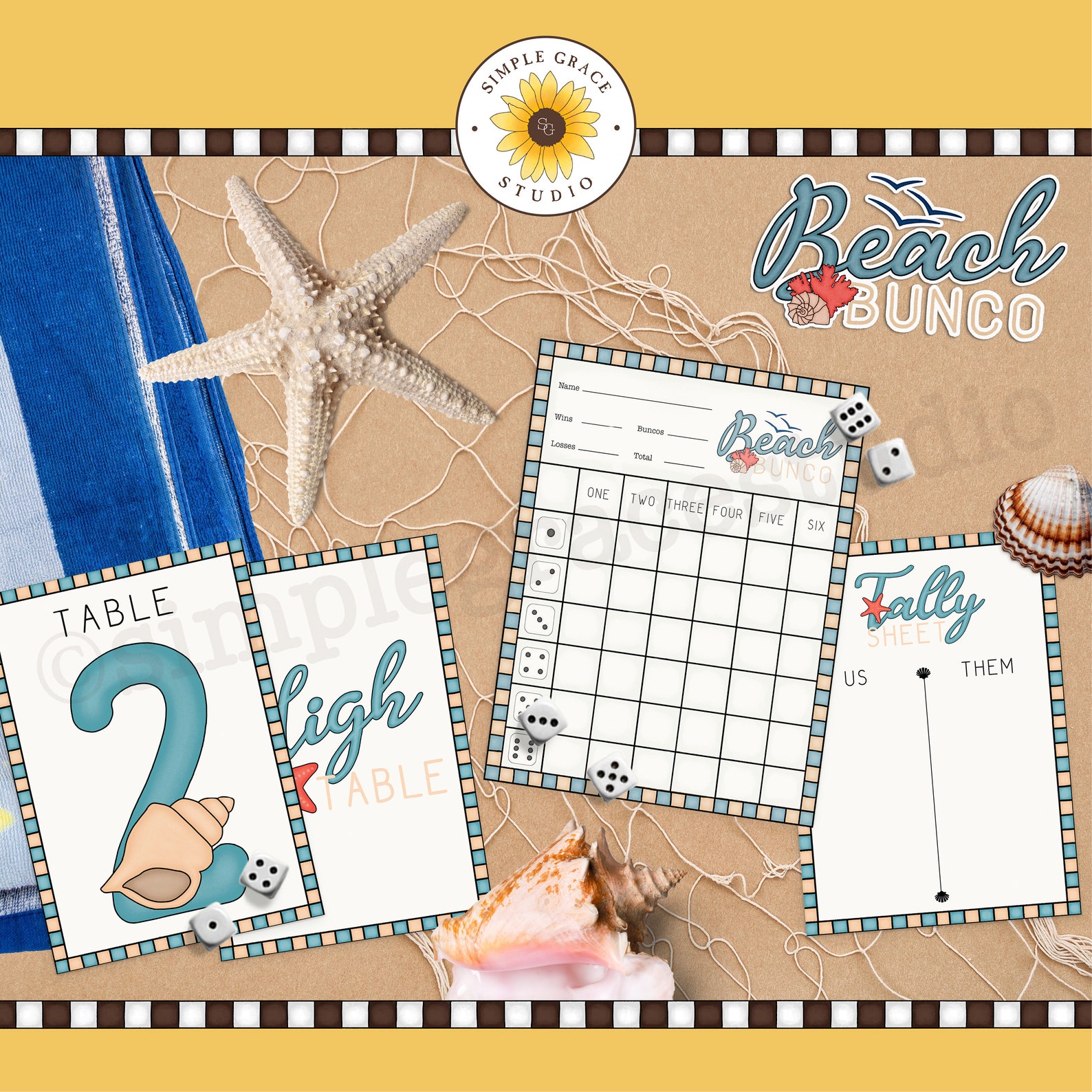 Bunco ~ Bunco Game Set ~ Beach Bunco ~ Printable Bunco ~ Printable ...