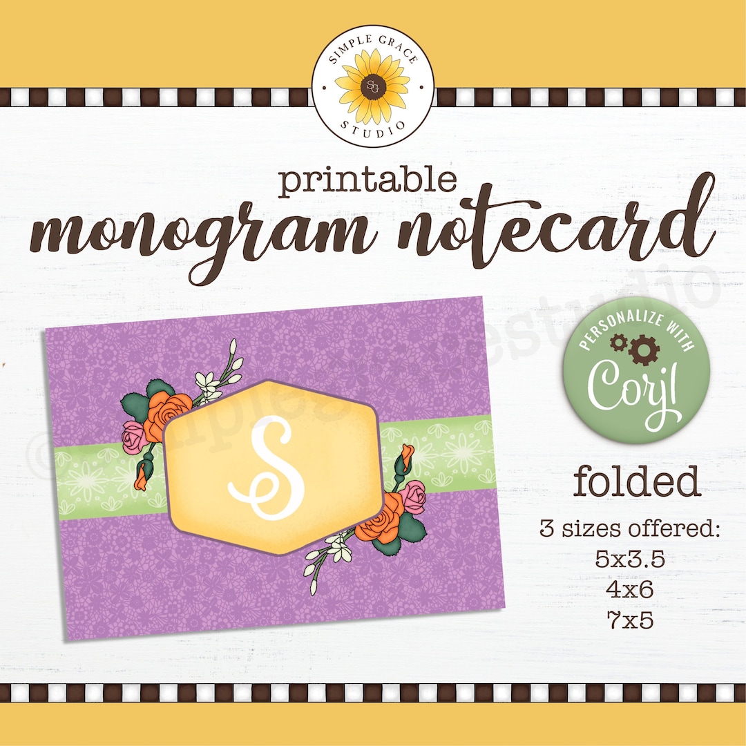 Monogram Notecard Printable Stationery Custom Notecard - Etsy