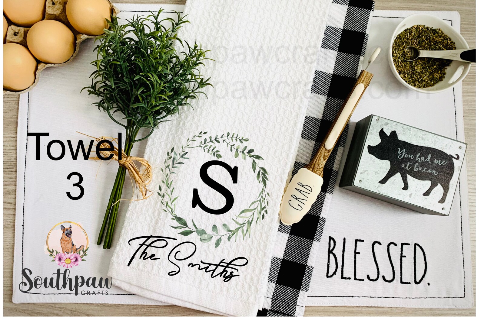 Personalized Farmhouse Kitchen Towels Greenery Monogrammed - Etsy