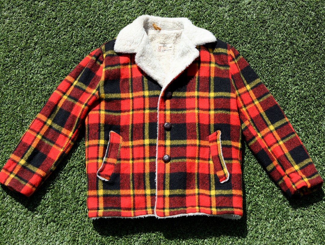 Vintage 70s Red and Yellow Plaid Lumberjack Jacket, Sherpa, Small ...