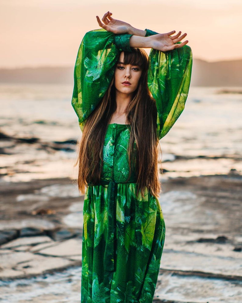 Vintage 70's Green Forest Core Dress, Poison Ivy Dress, 70s Flower ...