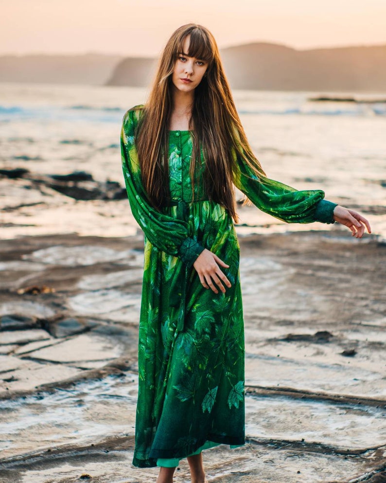 Vintage 70's Green Forest Core Dress, Poison Ivy Dress, 70s Flower ...