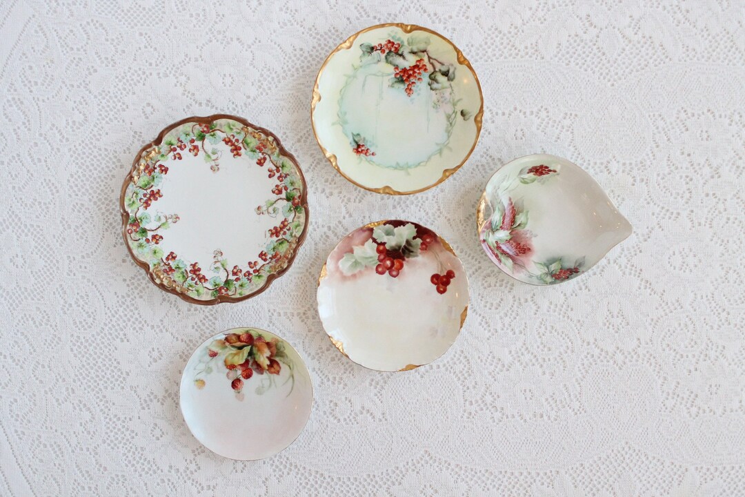Set of 5 Vintage Hand Painted Fruit Plates, Decorative Red Fruit Plates ...