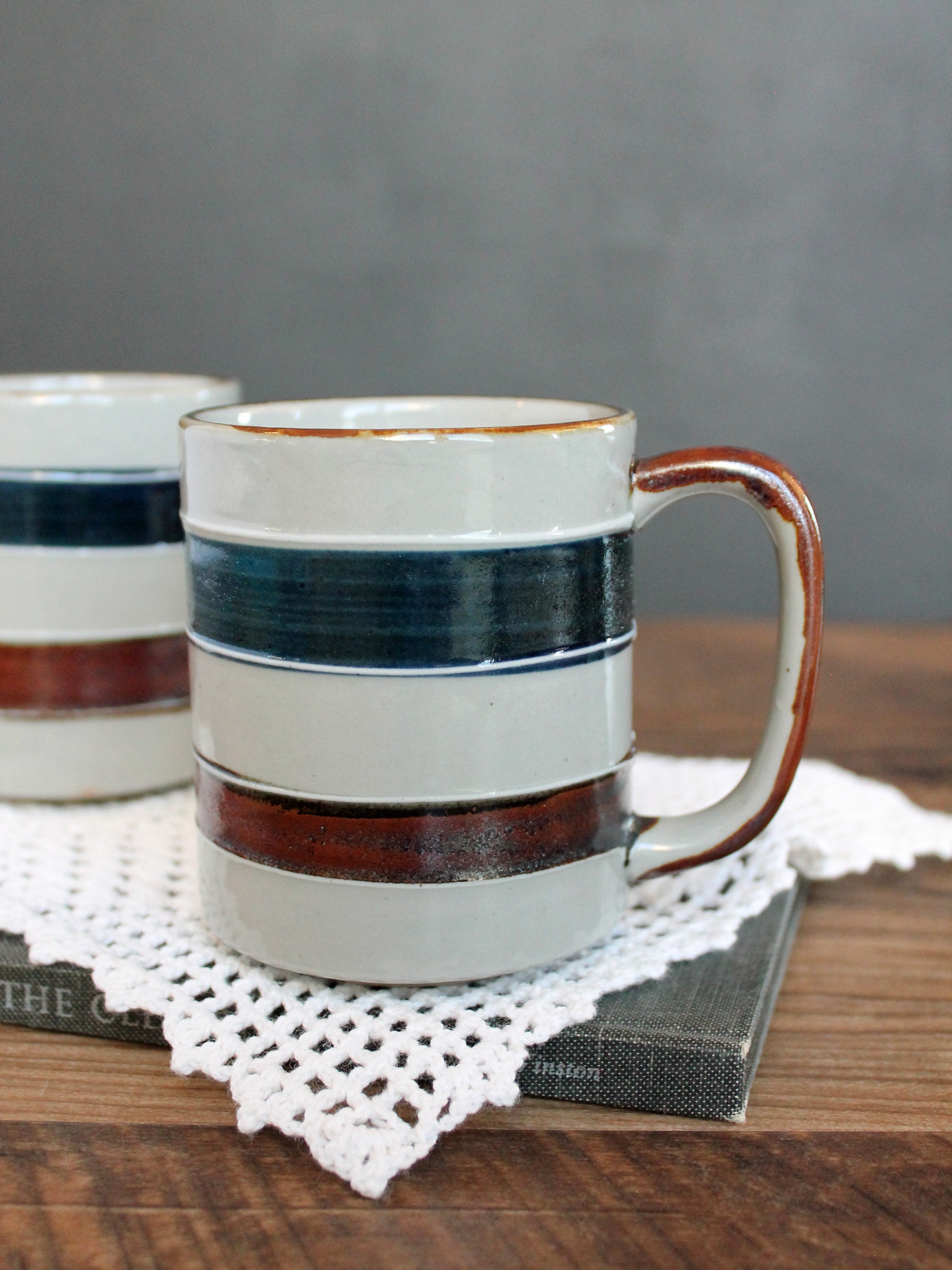 Set of 2 Vintage Midcentury Striped Mugs Brown & Navy Mugs - Etsy