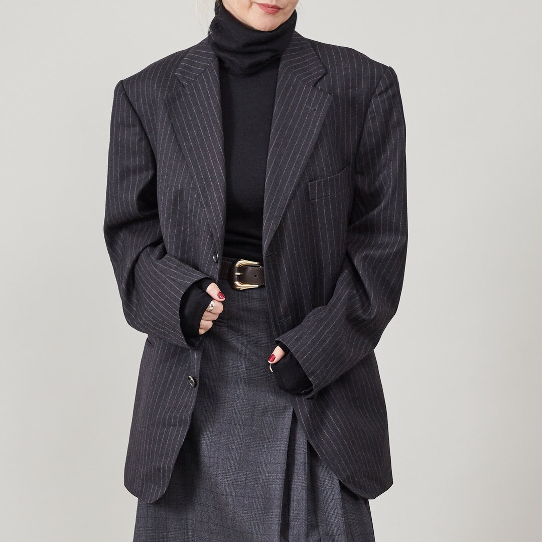 Vintage Dark Grey Pinstripe Wool Blazer | Oversized Mannish Style ...