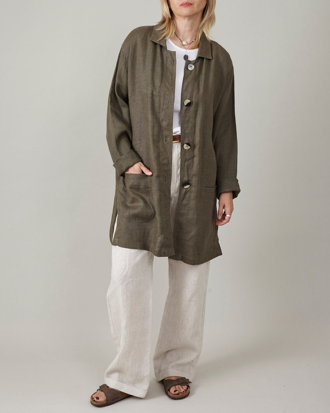 Minimalist Khaki Green Linen Blazer | Vintage Women's Jacket S-M ...
