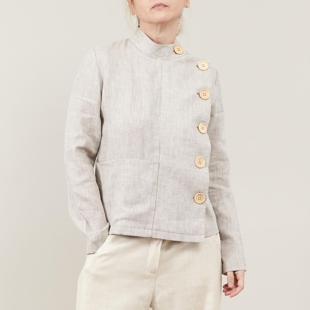 Linen Blouse: Women's Asymmetrical Button-up Jacket, Mandarin Collar - Etsy