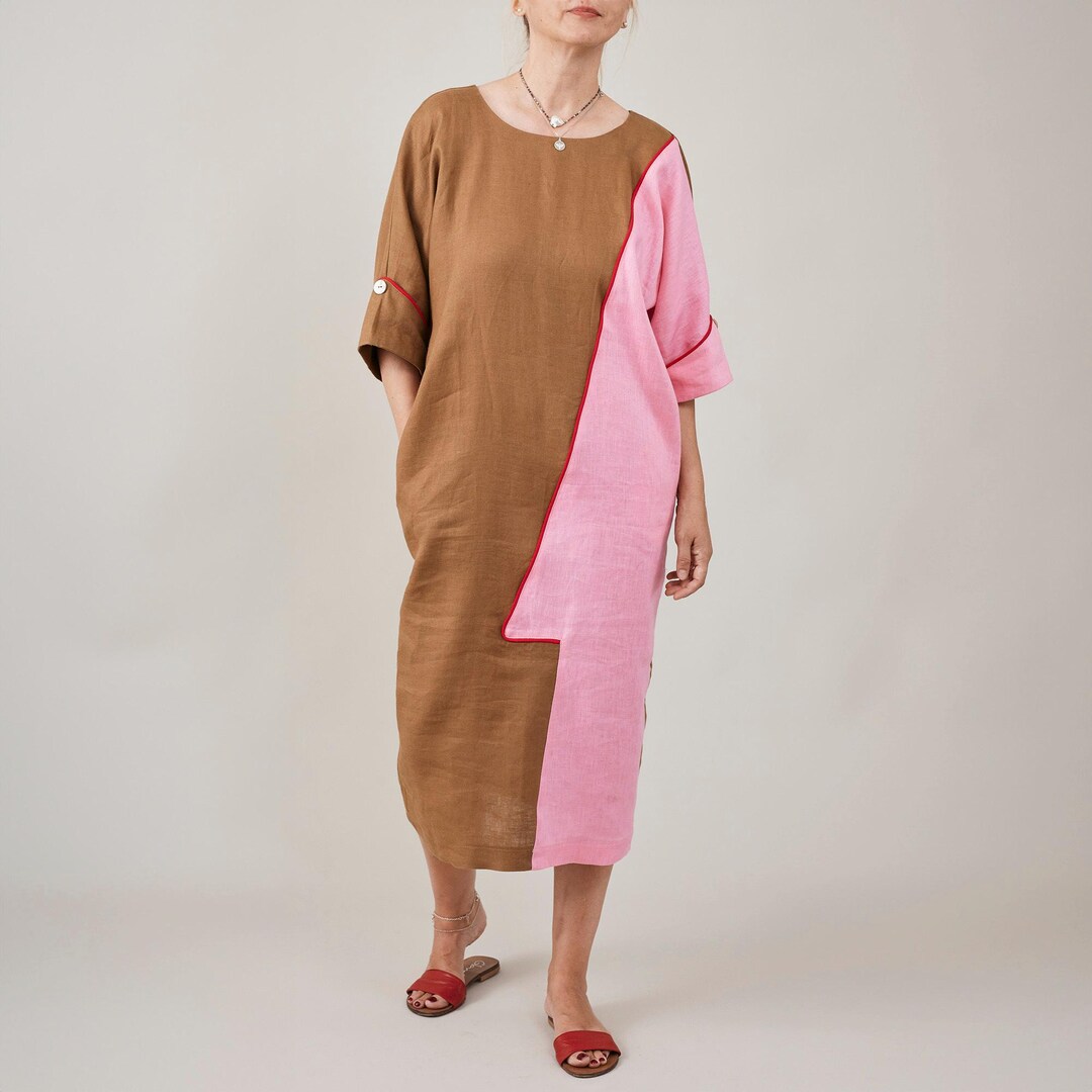 Handmade Linen Dress for Women, Back Button, Two Tone Midi Dress ...
