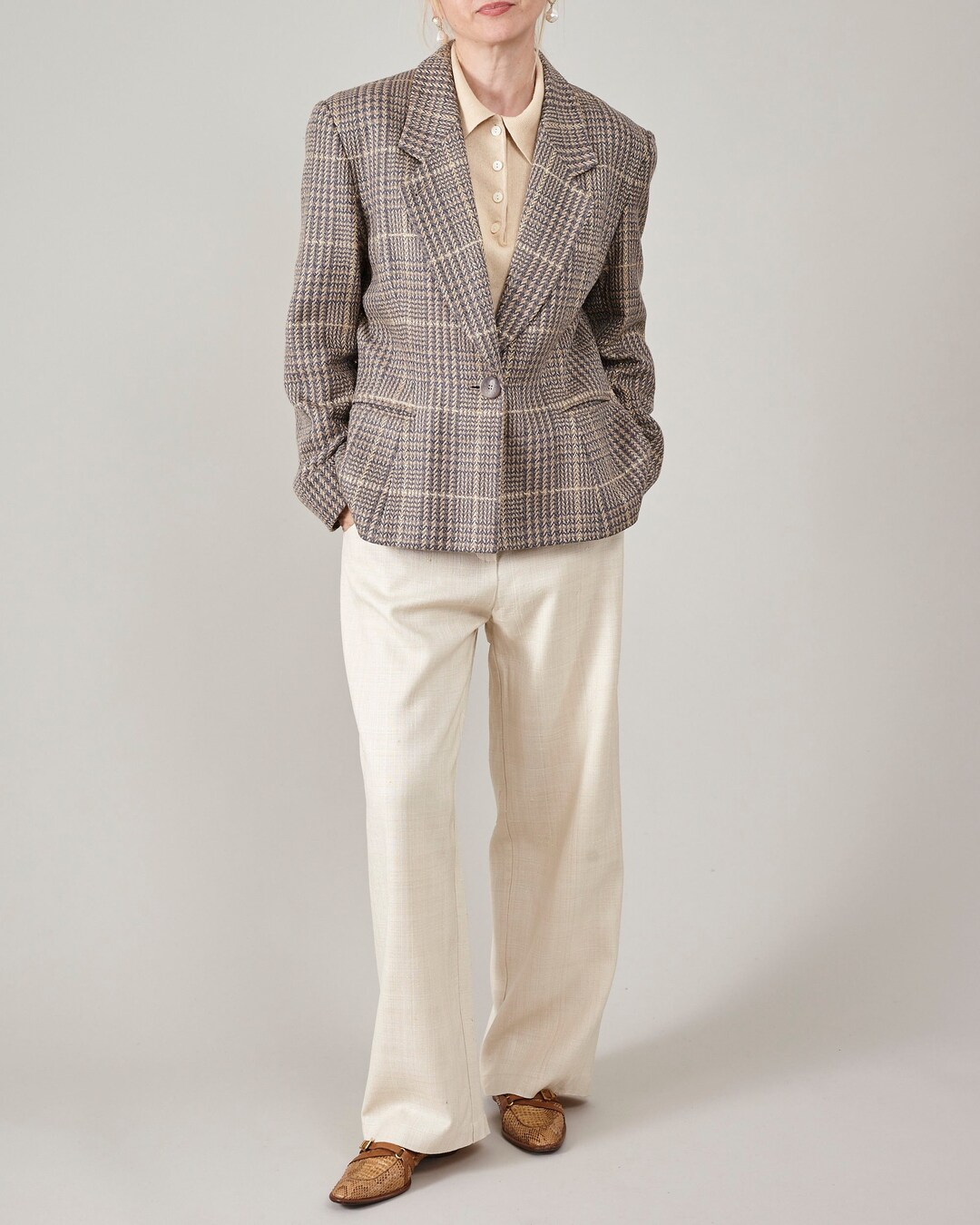 Vintage Wool & Silk Tweed Jacket for Women, Eleganttaupe Plaid Blazer ...