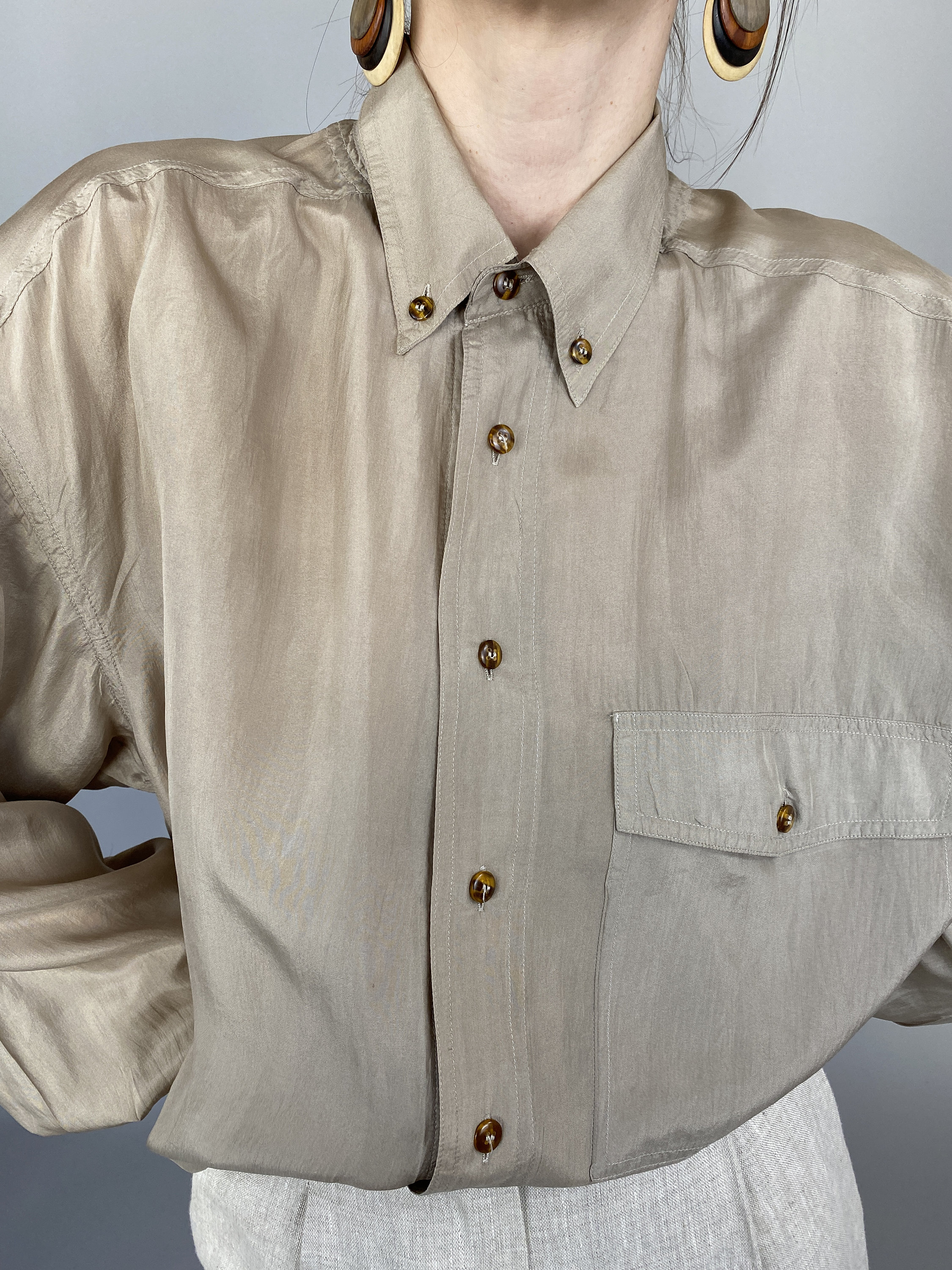 Vintage Silk Blouse for Women Size L Beige Silk Button Up | Etsy