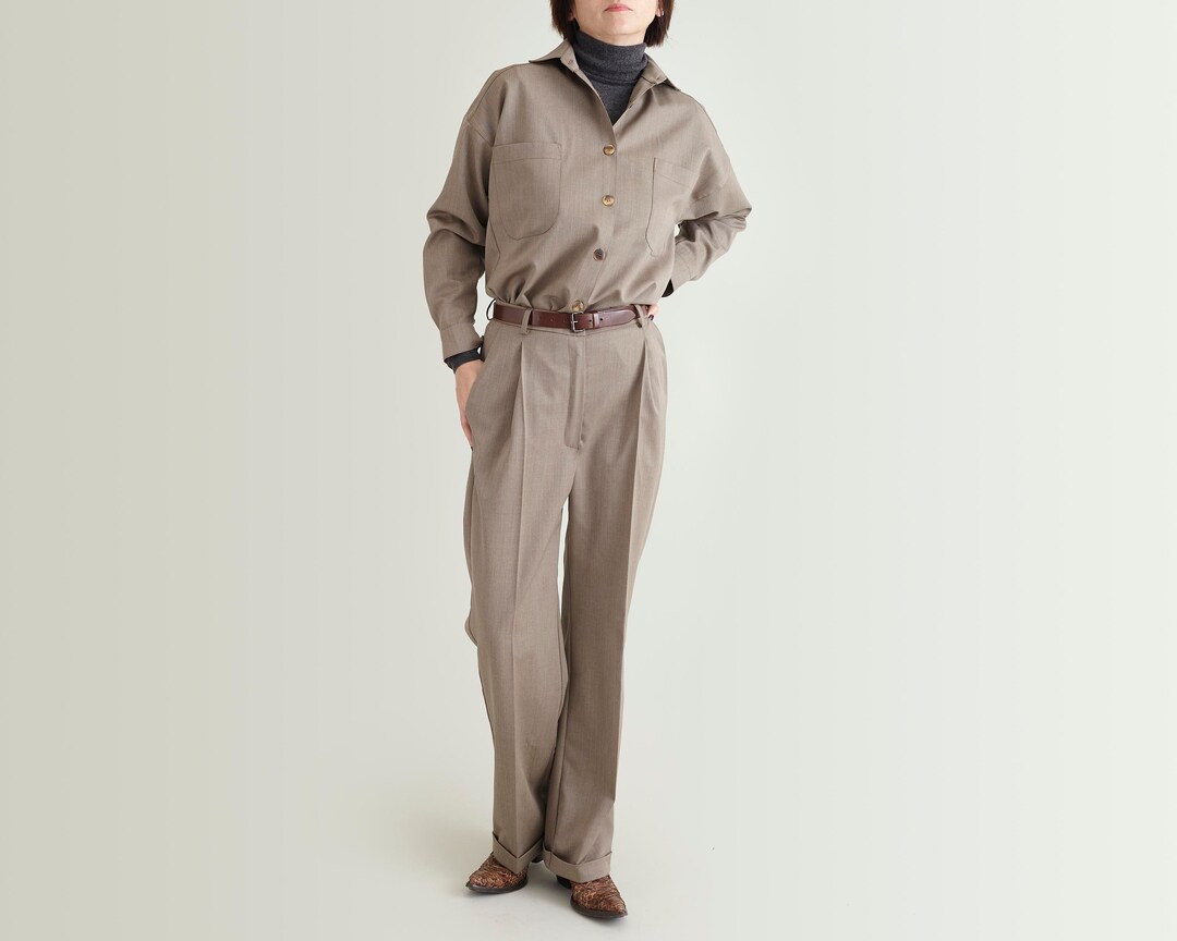Two Piece Set for Women Beige Wool Matching Set With Straight Pants and ...