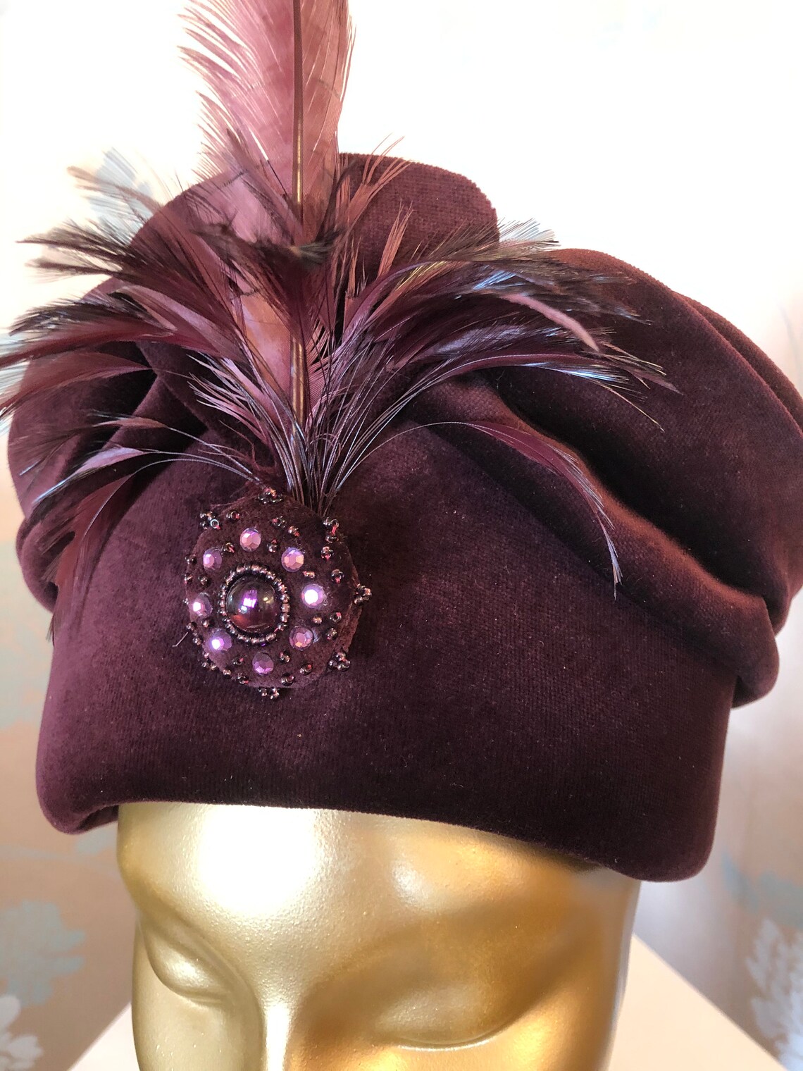 Luxurious Plum Velvet Draped, Turban-style Designer Toque, Feathers ...