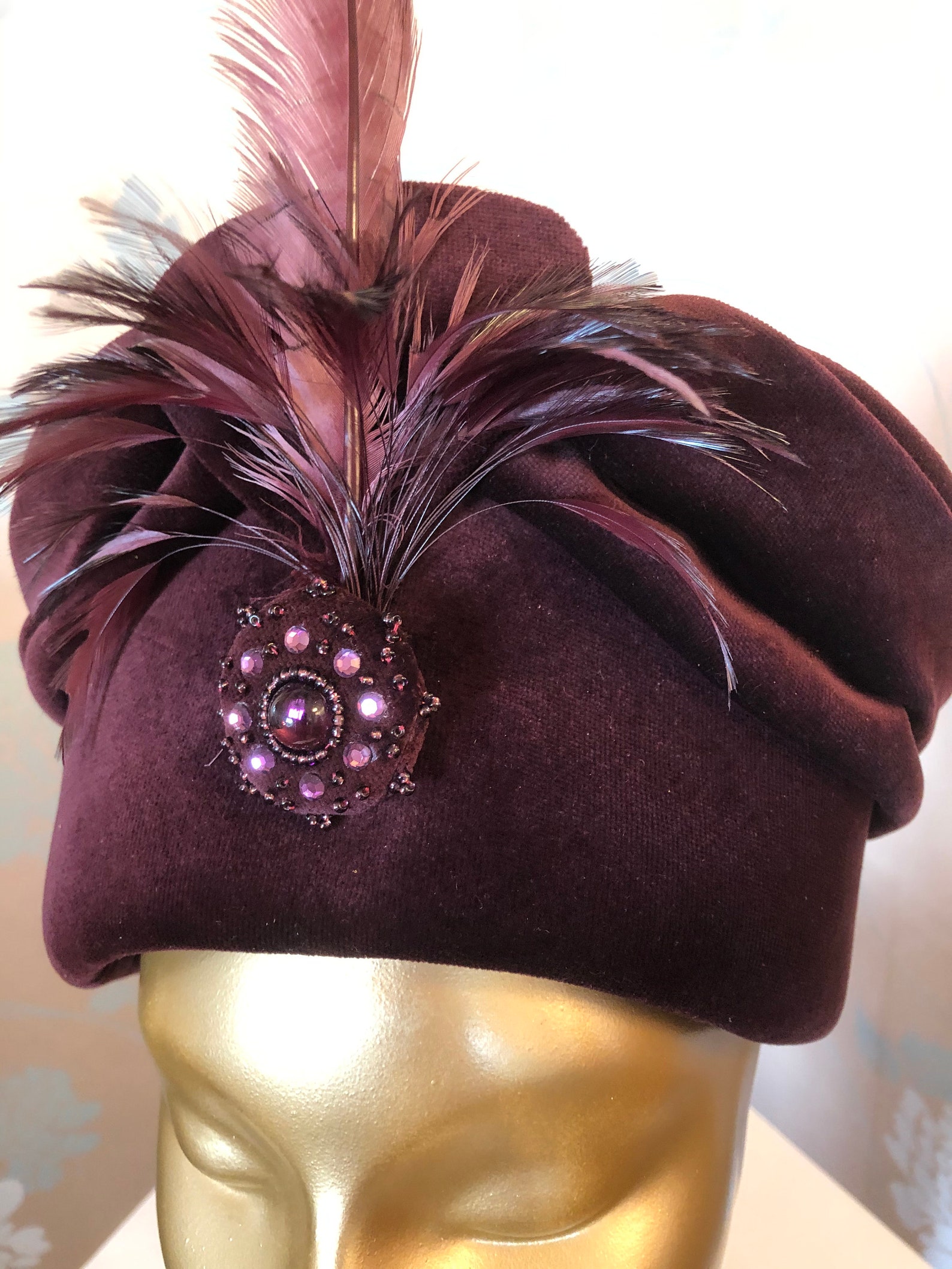 Luxurious Plum Velvet Draped, Turban-style Designer Toque, Feathers ...