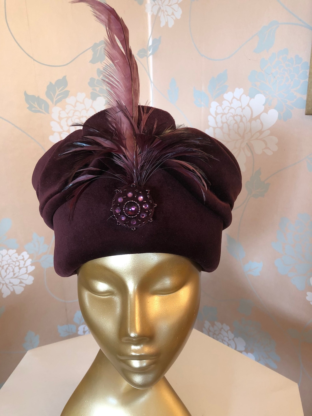 Luxurious Plum Velvet Draped, Turban-style Designer Toque, Feathers ...