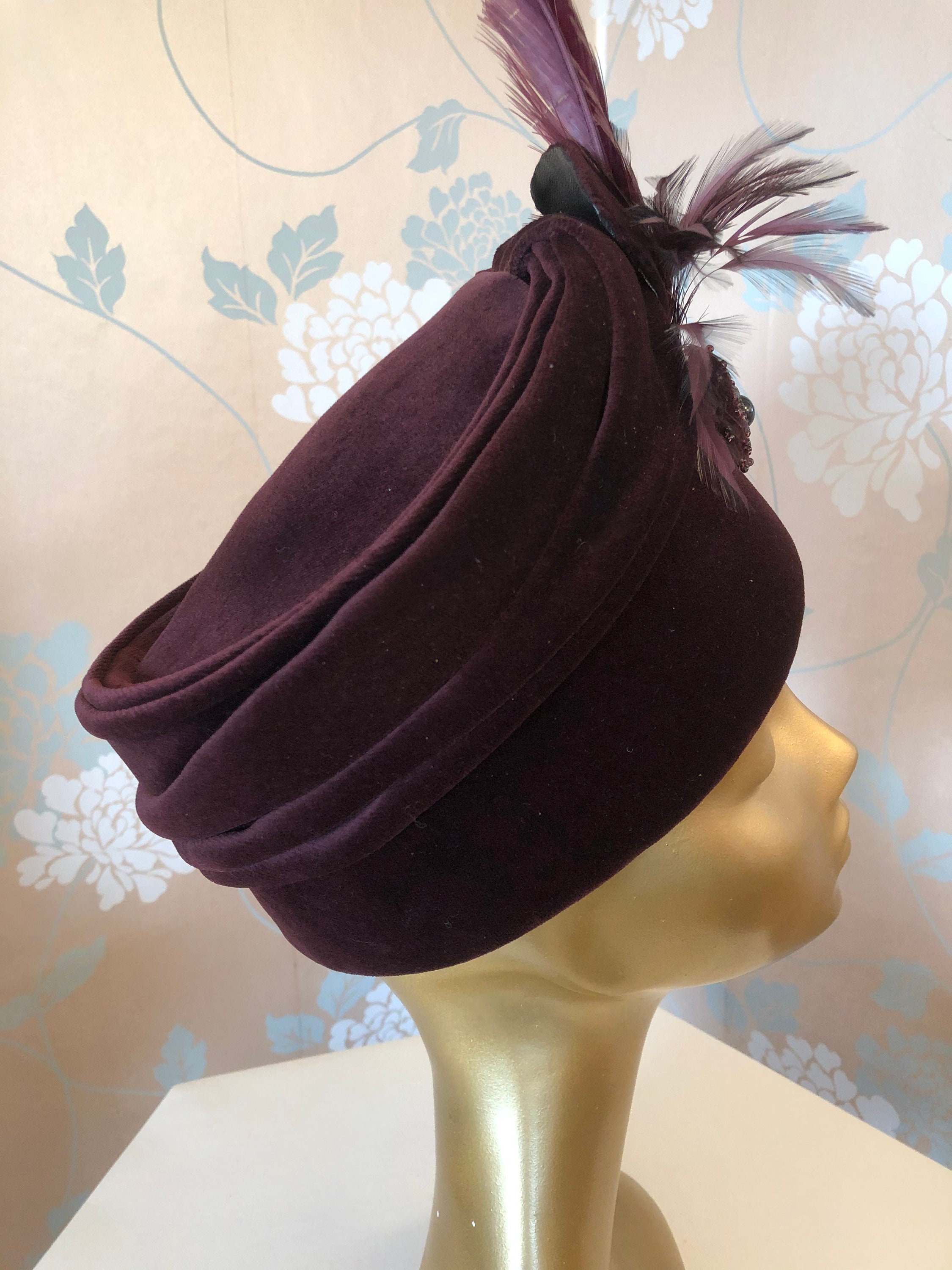Luxurious Plum Velvet Draped, Turban-style Designer Toque, Feathers ...