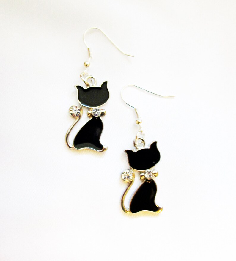 Enamel Black Cat Charm Earrings With Rhinestones & Silver | Etsy