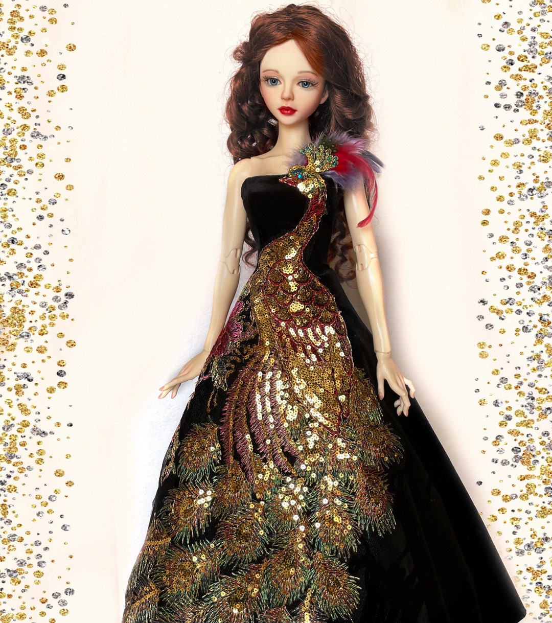 BJD LONG DRESS, Ball Gown, Embroidered Peacock Evening Gown, Black ...