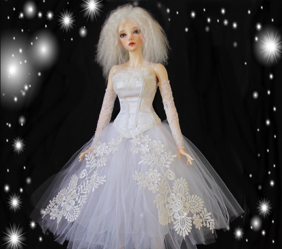1/3 BJD Wedding Gown: Embroidered Corset, Tulle Skirt, Lace Mittens - Etsy