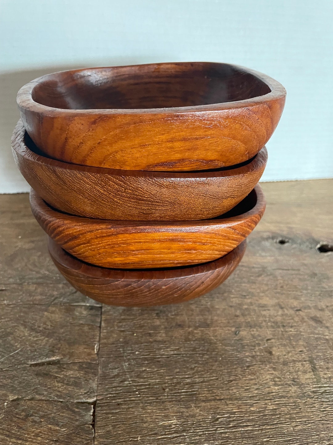 Vintage MCM Artisan Crafted Square Teak Wood Bowls, Four Wooden Salad ...
