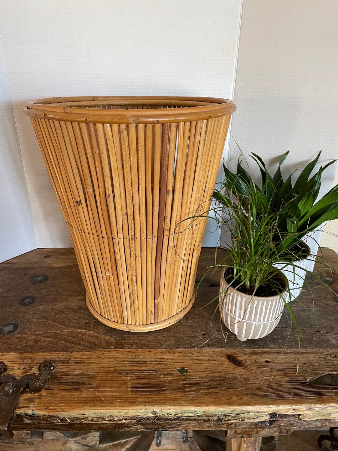 Vintage 1970's Woven Split Bamboo Tree Planter Basket. Waste Basket ...