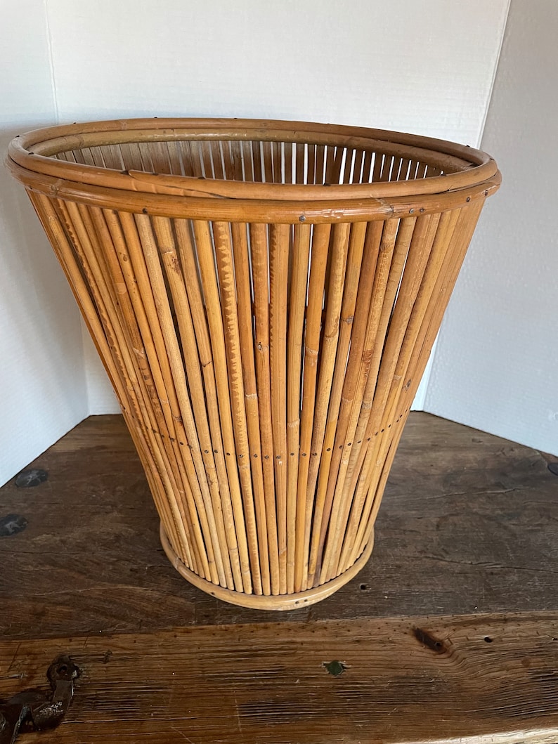 Vintage 1970's Woven Split Bamboo Tree Planter Basket. Waste Basket ...