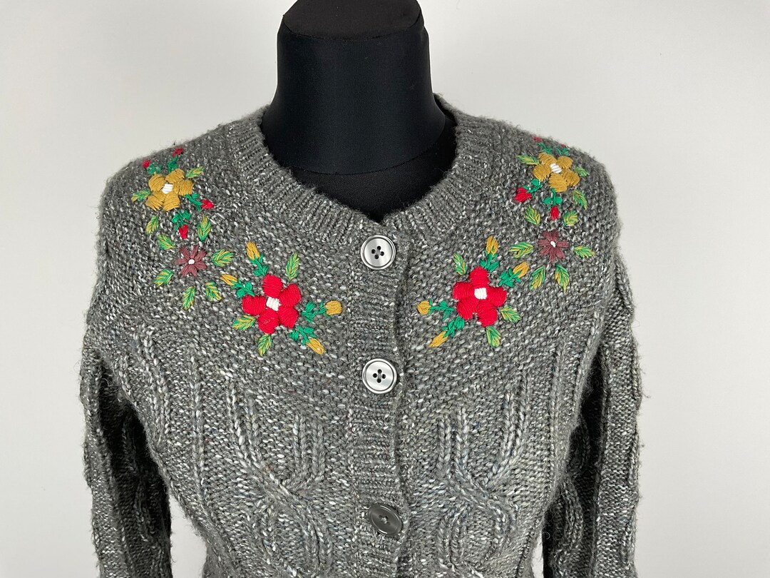 Vintage Austrian Dirndl Cardigan Hand Embroidered Sweater Hand Knitted ...