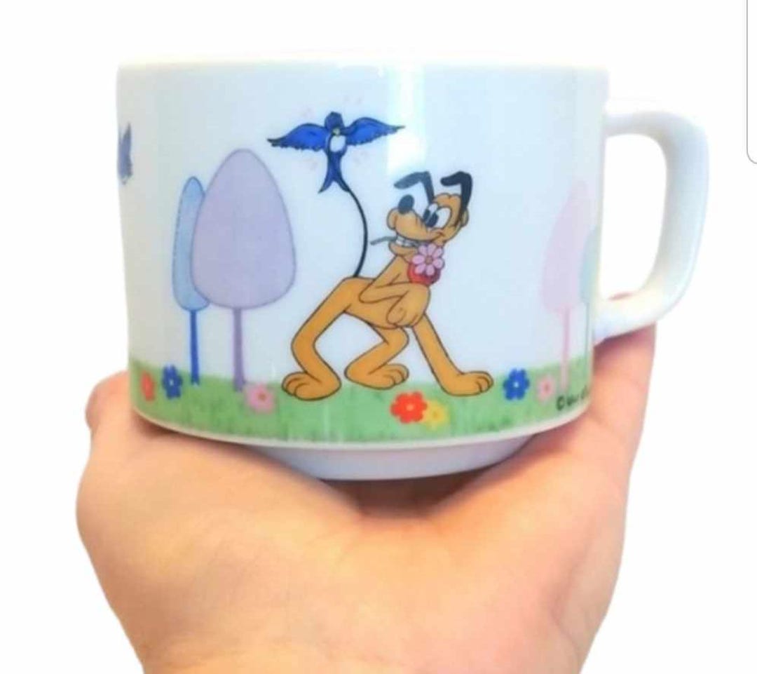 Vintage Disney Pluto Mug With Blue Birds and Pastel Trees - Etsy