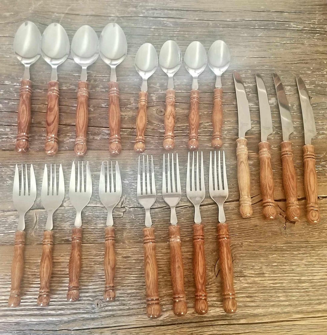 Vintage Farmhouse 20PC Stainless Silverware Flatware Set With Wooden ...