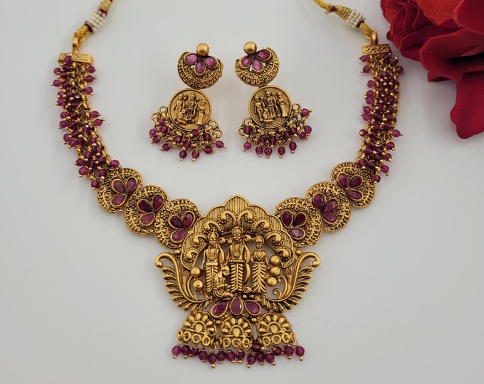 Antique Matte Gold Finished Ram Darbar Necklace Set With Matching ...