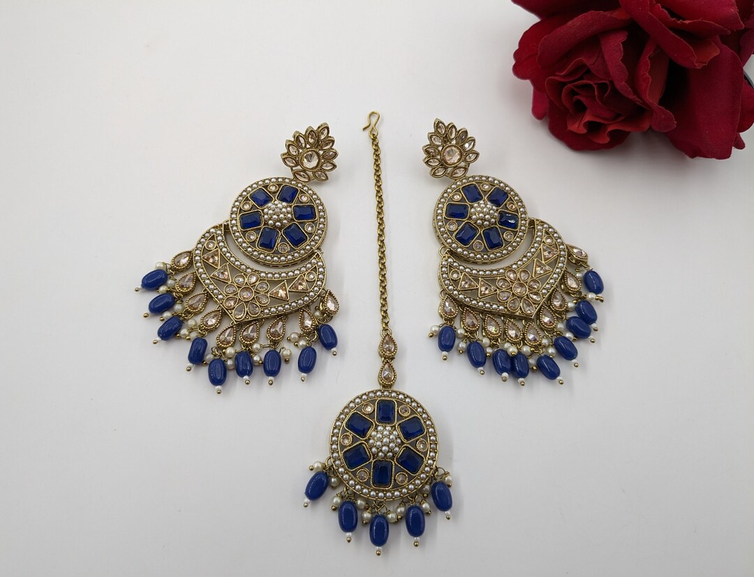 Blue Polki Earrings and Tikka Set Indian Jewelry Indian - Etsy