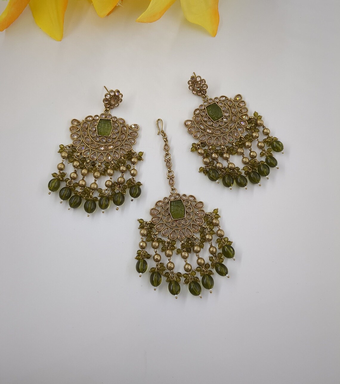 Mehendi Green and Antique Gold Big Polki Earrings Tikka Set - Indian ...