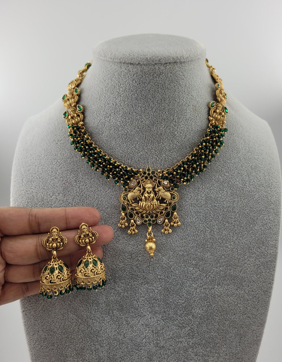 Antique Matte Gold Finished Maa Laxmi Necklace Set With Matching Jhumki ...