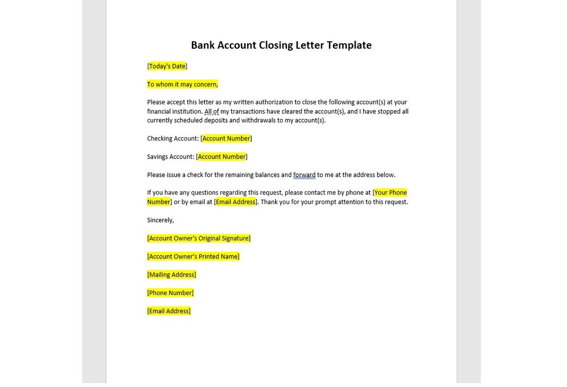 Editable Letter to Close Bank Account, Letter to Close Account Template ...