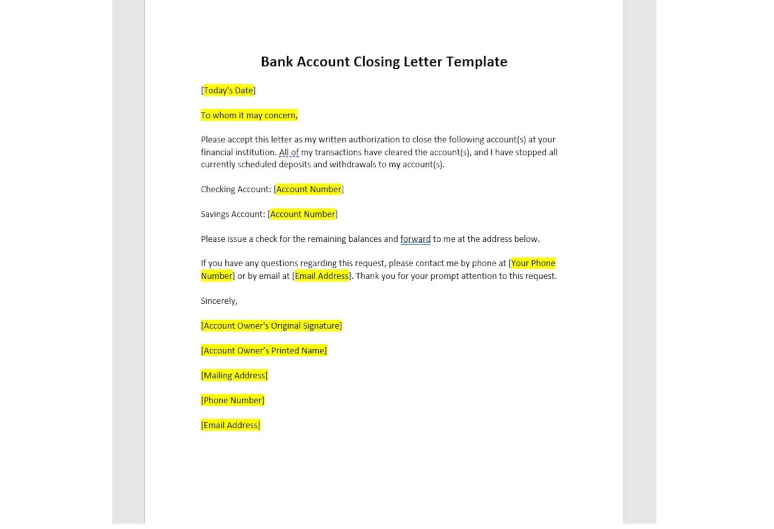 Editable Letter to Close Bank Account, Letter to Close Account Template ...