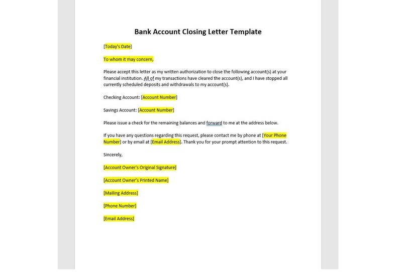 Editable Letter to Close Bank Account, Letter to Close Account Template ...