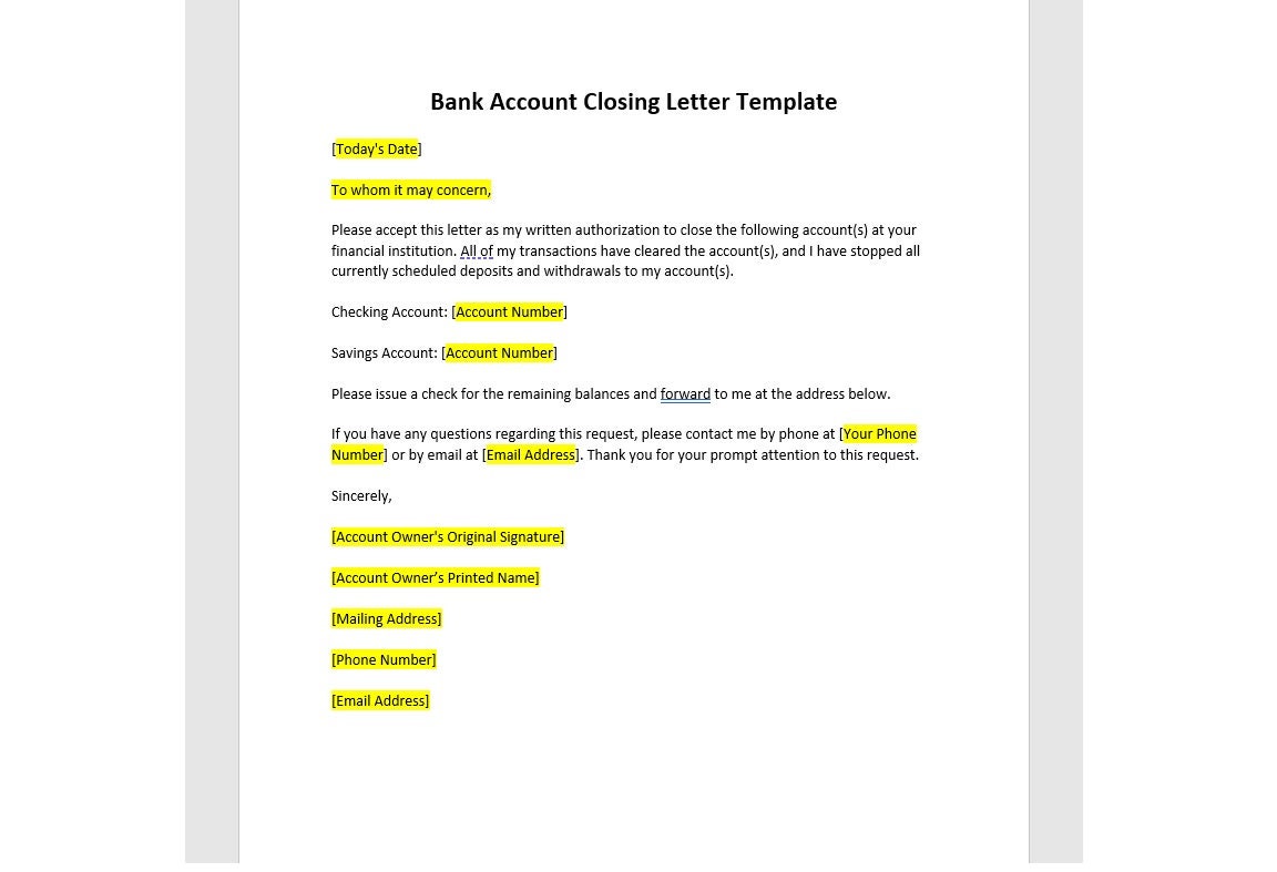 Editable Letter to Close Bank Account, Letter to Close Account Template ...