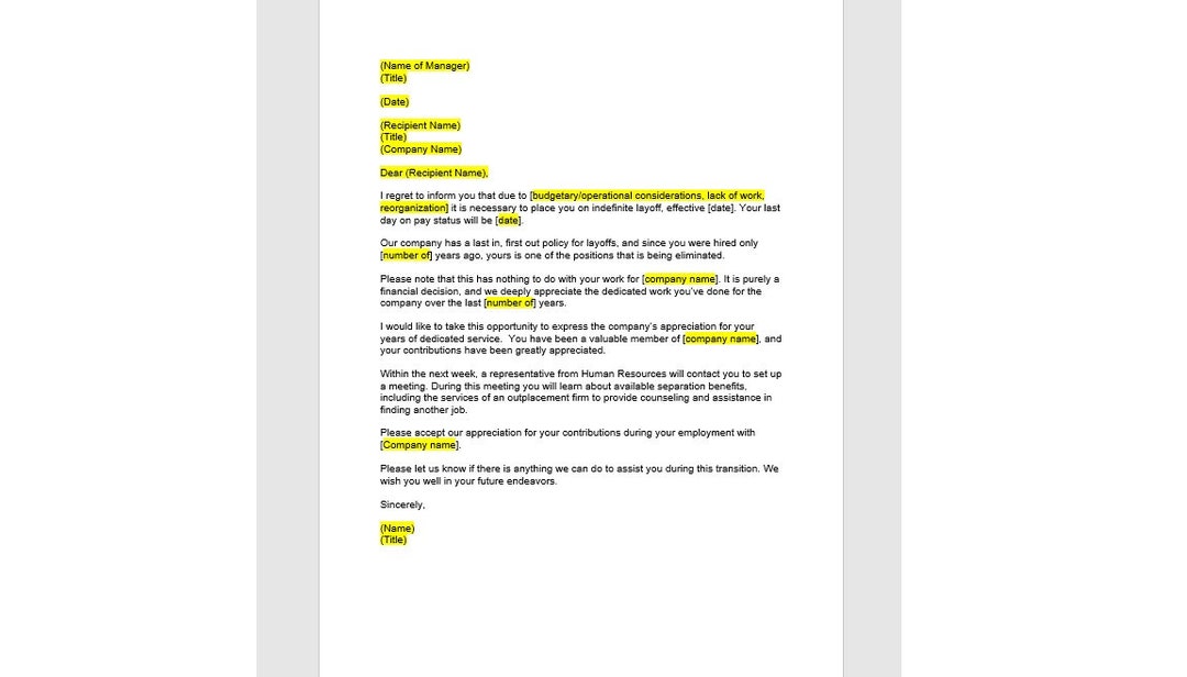Editable Last in First Out Job Layoff Letter, Layoff Letter Template ...
