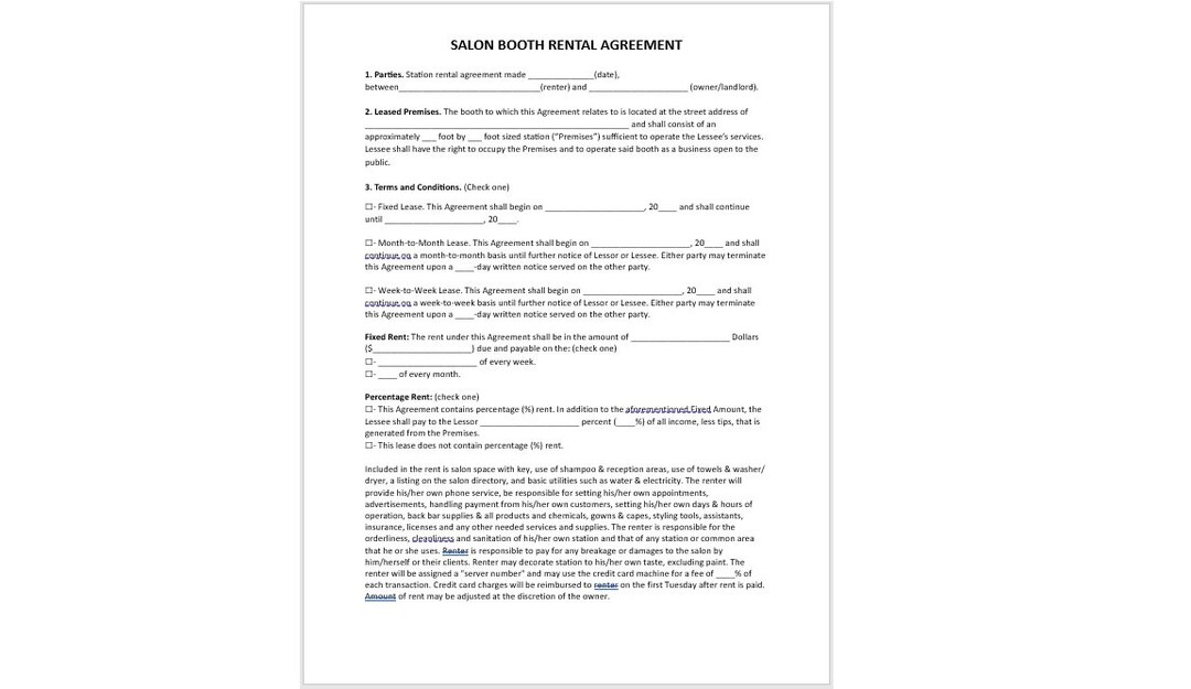 Salon Booth Rental Agreement, Salon Booth Rental Agreement Template ...