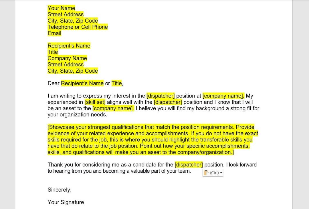 Dispatcher Cover Letter, Cover Letter Template, Editable Cover Letter ...