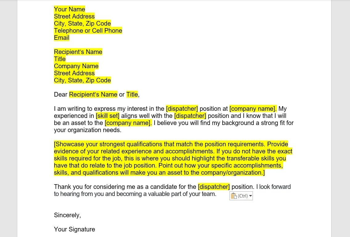 Dispatcher Cover Letter, Cover Letter Template, Editable Cover Letter ...