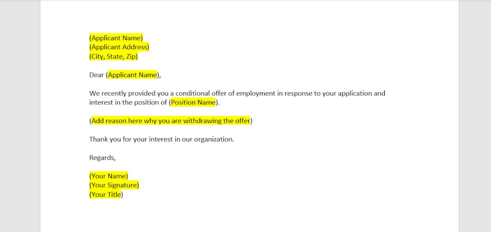 Conditional Employment Withdraw Letter, Conditional Employment Withdraw ...