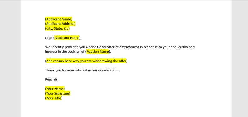 Conditional Employment Withdraw Letter, Conditional Employment Withdraw ...